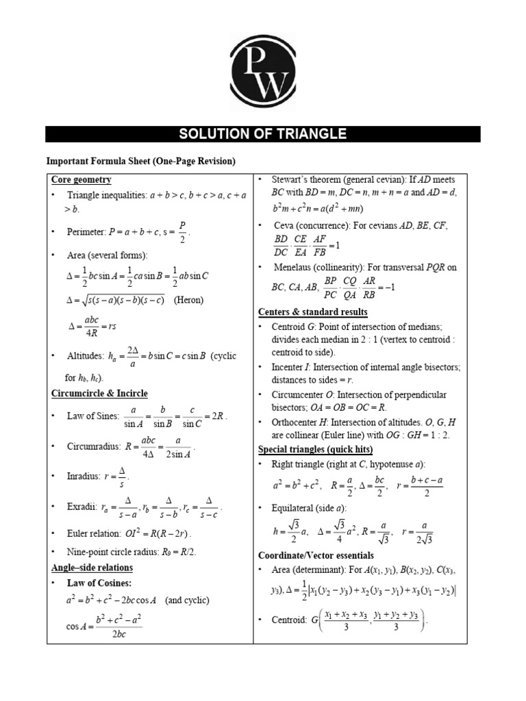 Solution of Triangle Formula Sheet | PDF | Triangle | Classical Geometry