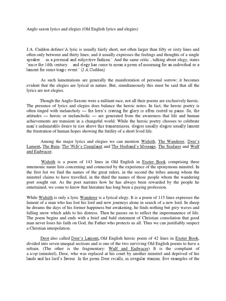 Anglo-Saxon Lyrics and Elegies Overview | PDF | European Literature ...