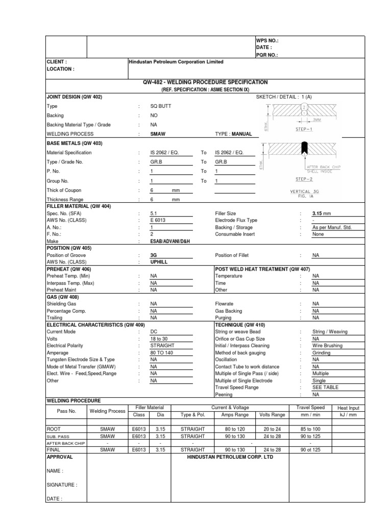 Qw 482 Welding Procedure Specification Ref Specification Asme 