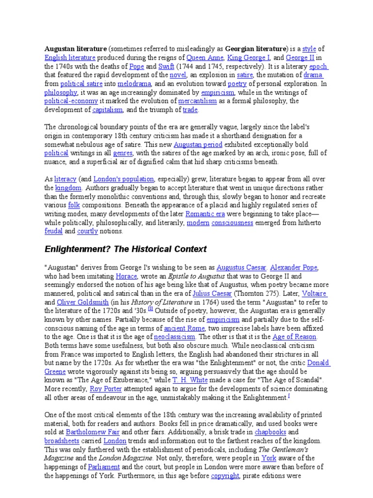 Augustan Literature (Sometimes Referred To Misleadingly As Georgian ...