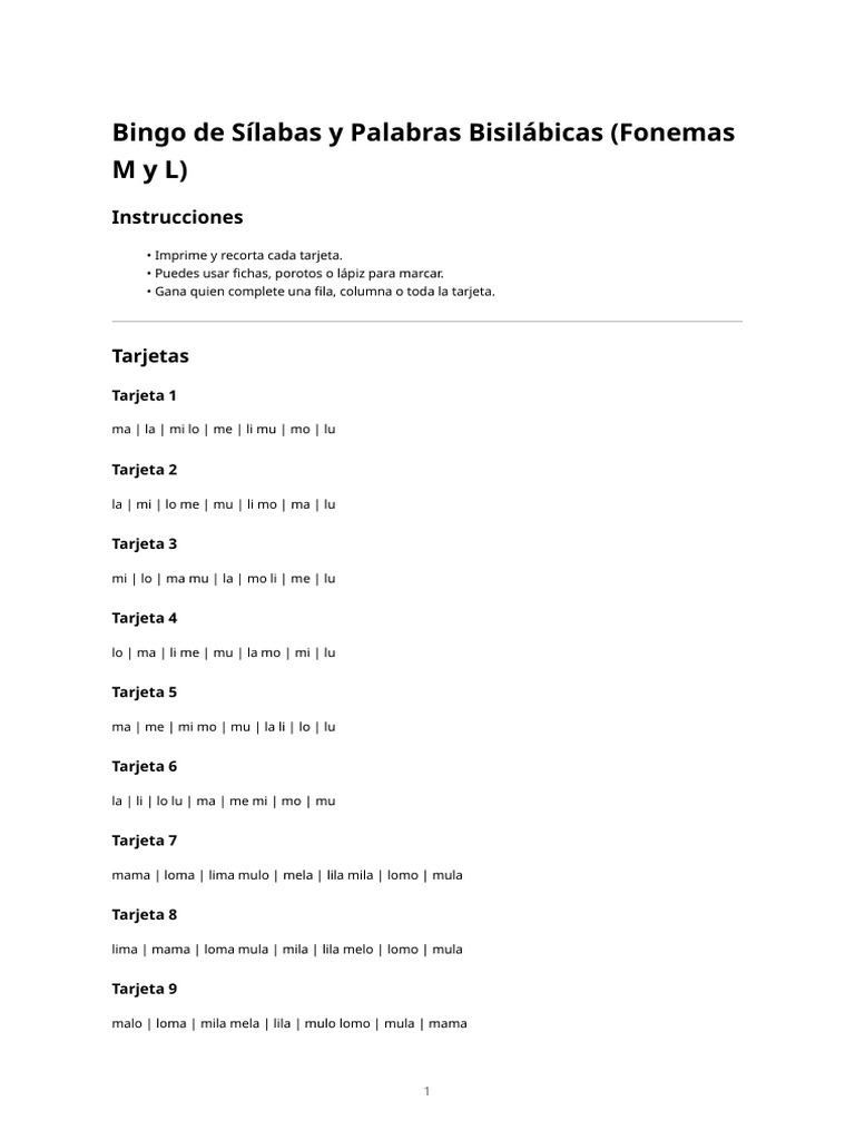 Bingo de Sílabas M Y L (30 Tarjetas) | PDF
