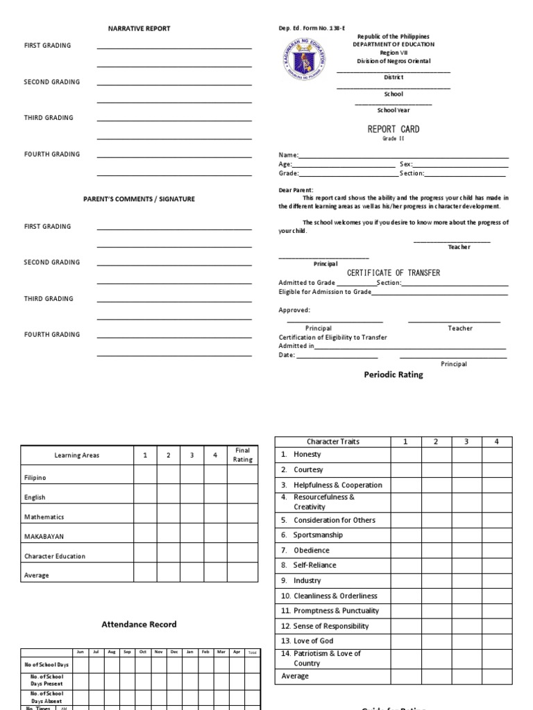 Deped Form 138 e Learning Personal Growth