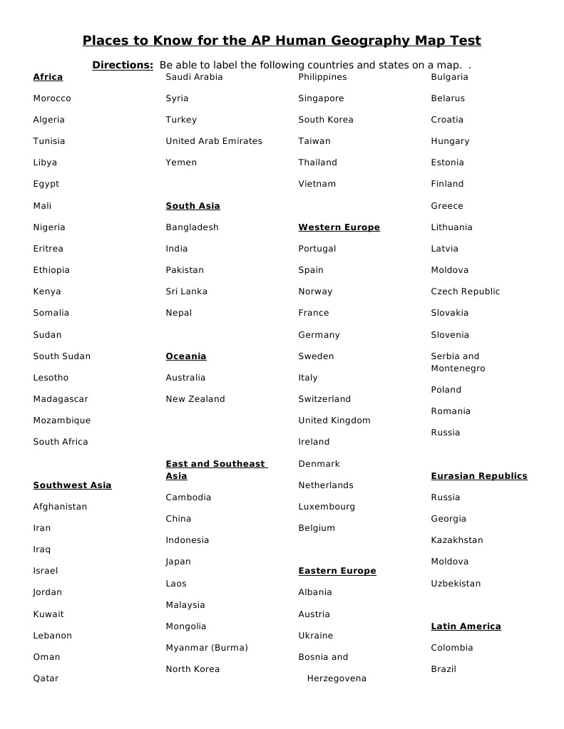 AP Human Geography Map Test Guide | PDF