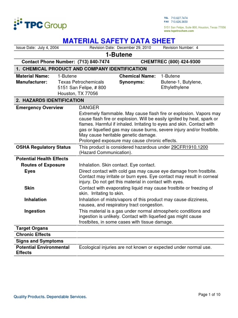 Material Safety Data Sheet: 1-Butene | PDF | Home & Garden | Wellness