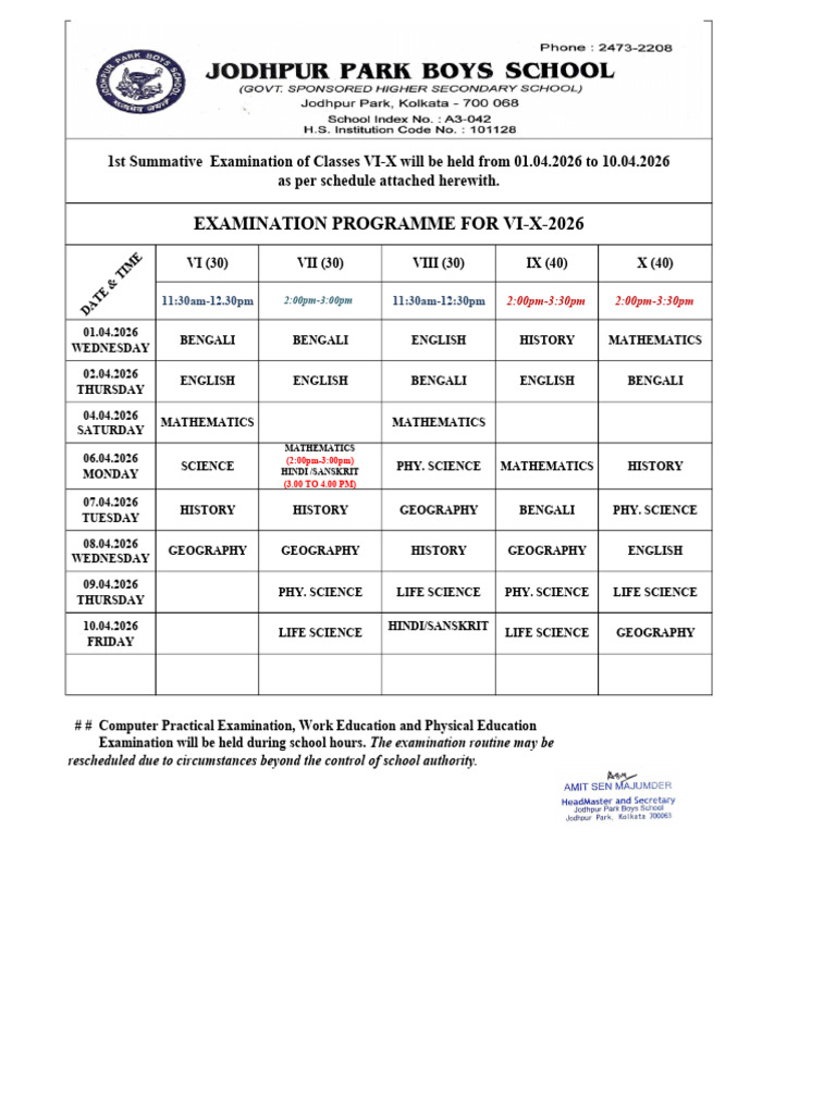 1st Summative Exam Routine 2026 | PDF