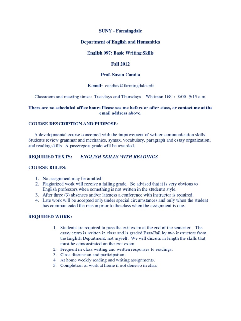 English 097: Basic Writing Skills Course | PDF | Essays | Test (Assessment)