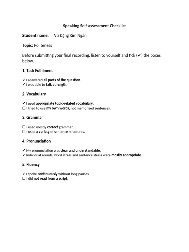 Speaking Self-Assessment Checklist | PDF