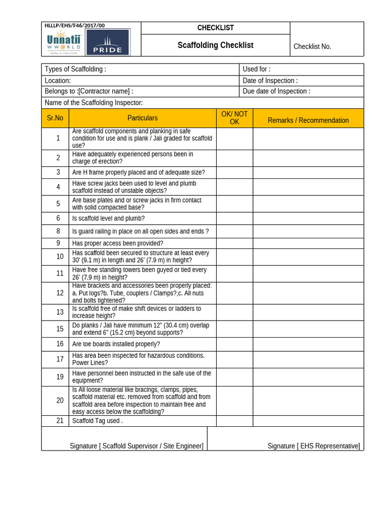 Fr No 46 Scaffolding Checklist | PDF | Scaffolding