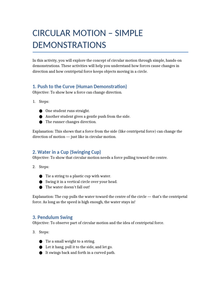 Circular Motion Demonstrations Worksheet | PDF