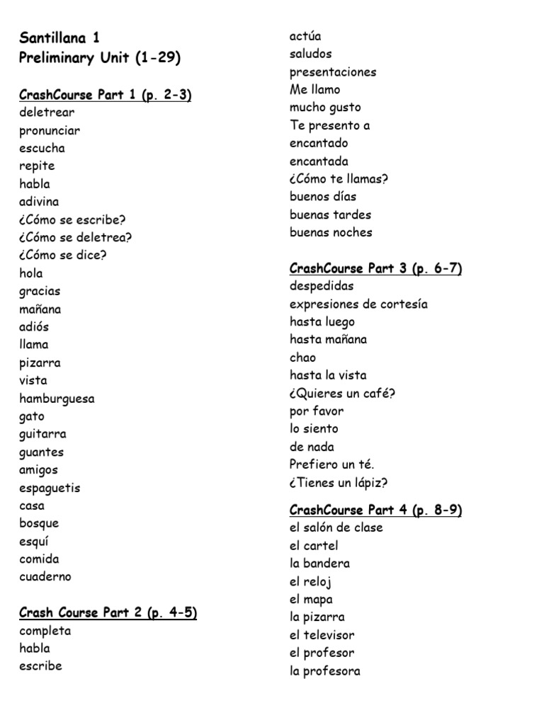 Santillana 1 Vocabulary List Preliminary Unit | PDF