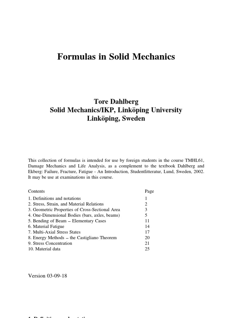 Formula Table Solid Mechanics | PDF | Deformation (Mechanics) | Bending
