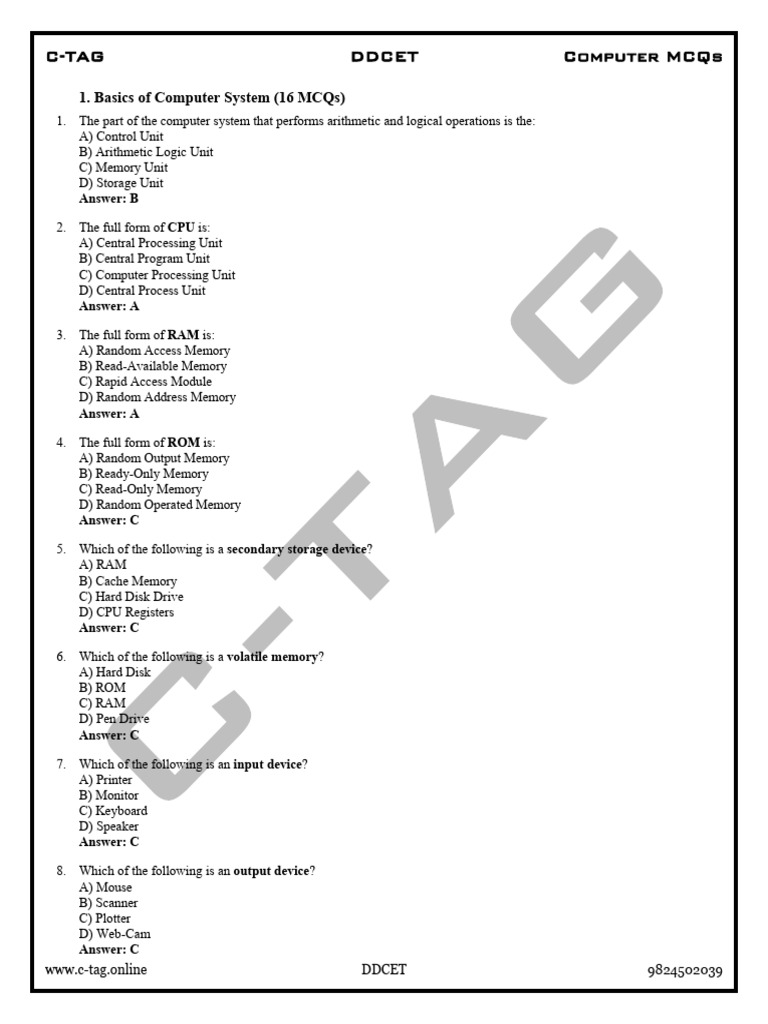 Computer MCQs with answers for ddcet | PDF