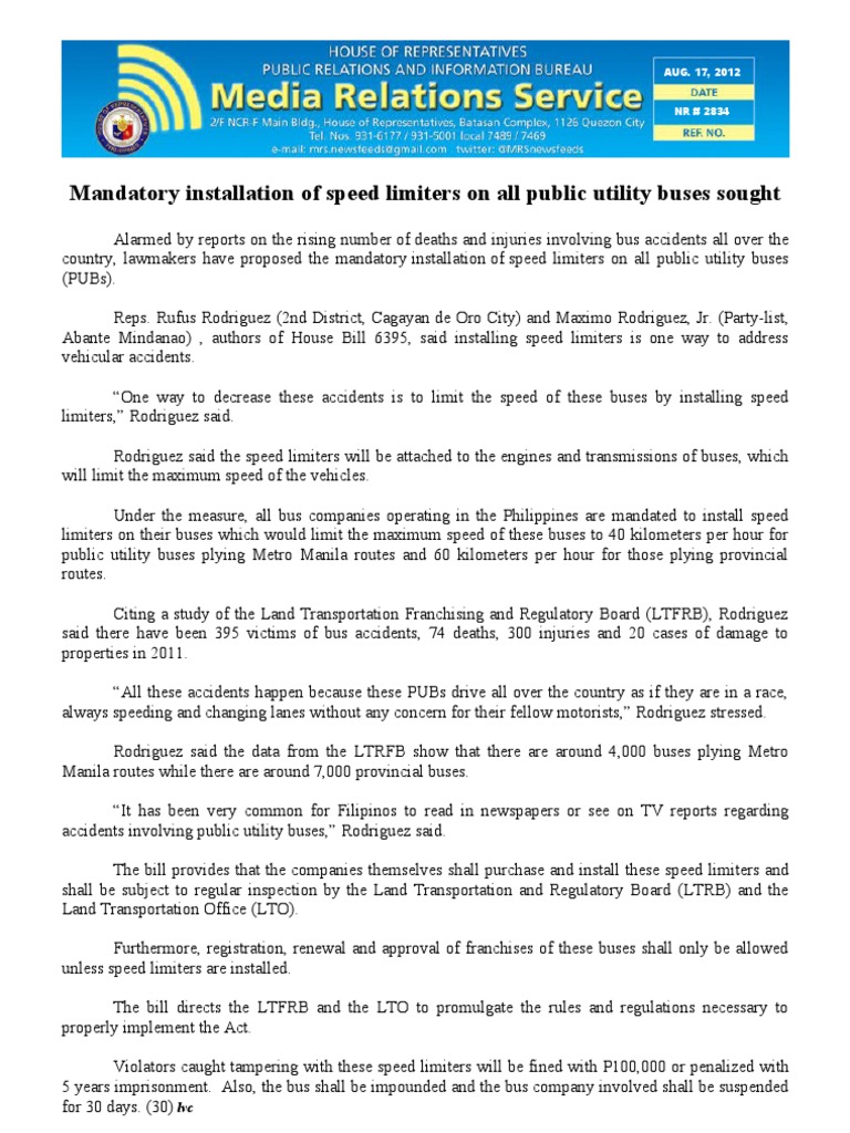 Aug17 Mandatory Installation of Speed Limiters On All Public Utility ...