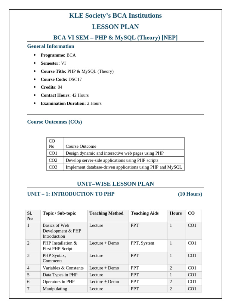 Lesson Plan – Php & My SQL (Bca Vi Sem) (1) | PDF | Php | Computer Science