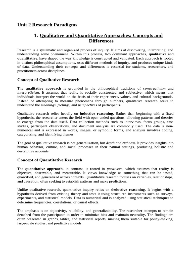 Unit 2 Research Paradigms | PDF | Qualitative Research | Quantitative ...