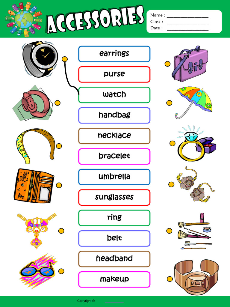 Accessories Esl Vocabulary Matching Exercise Worksheet for Kids | PDF