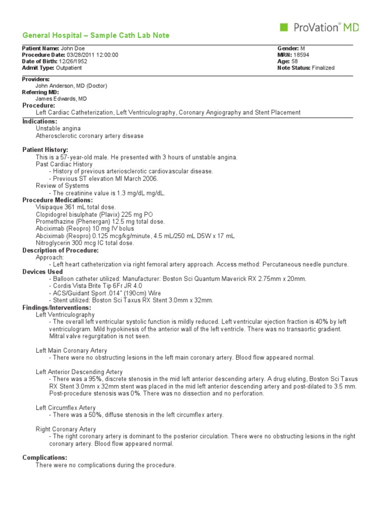 General Hospital - Sample Cath Lab Note: Procedure: Indications ...