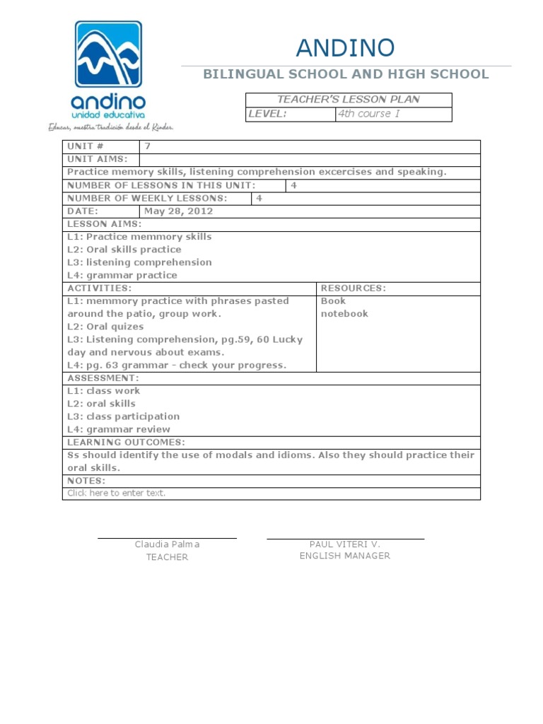 Bilingual School Lesson Plan Unit 7 | PDF