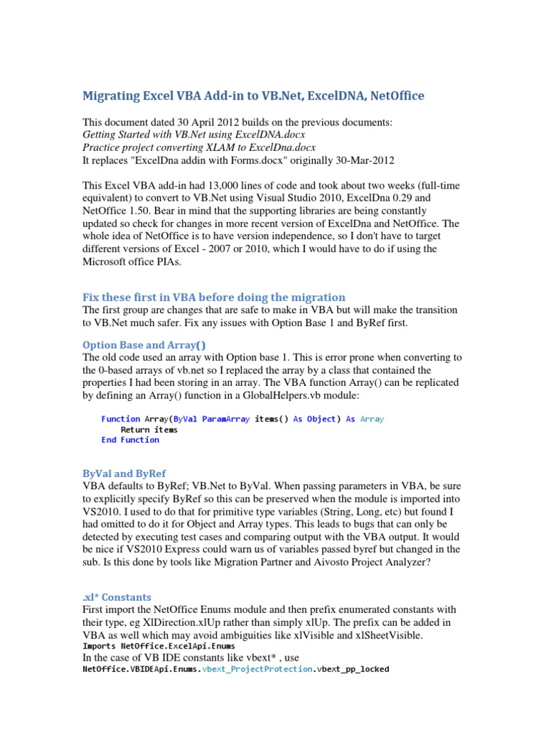 Migrating Excel Vba Add In To Vb Net Exceldna Netoffice Pdf Visual Basic For