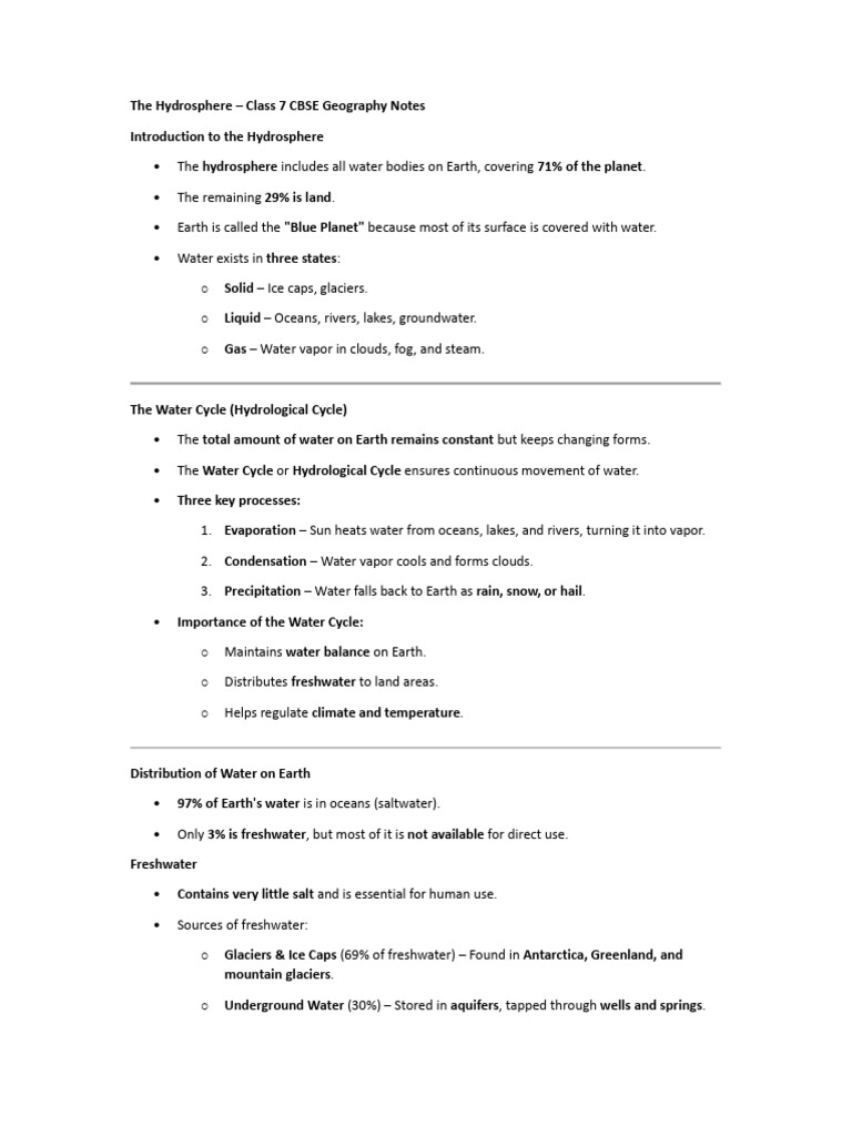 The Hydrosphere Notes | PDF | Oceans | Water Cycle