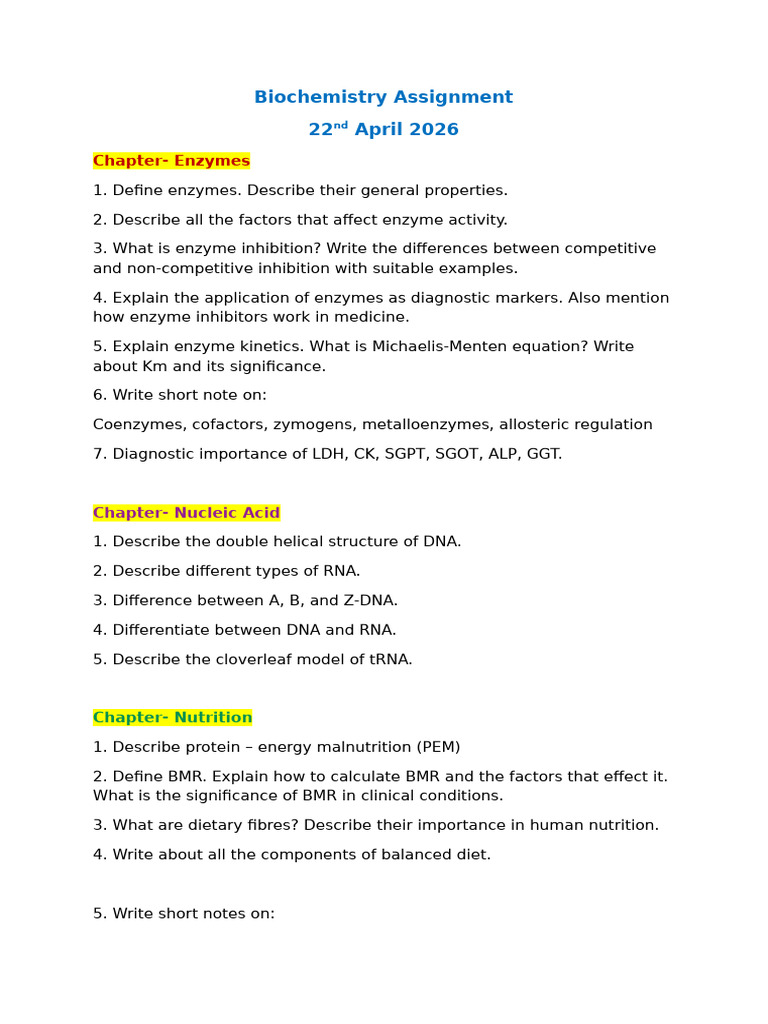 Biochemistry Assignment 22042026 | PDF | Vitamin | Enzyme