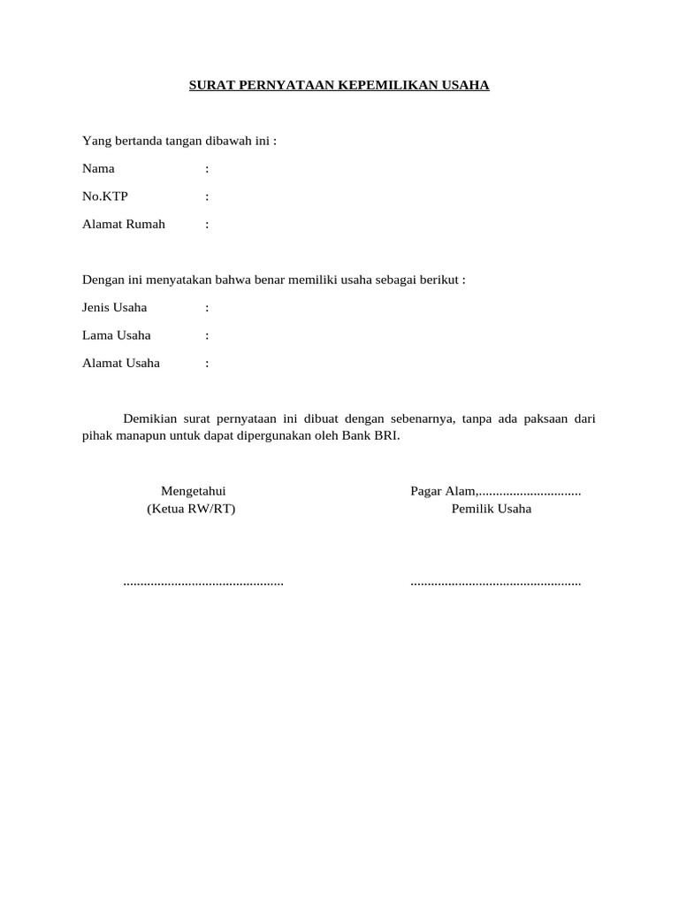 Surat Pernyataan Kepemilikan Usaha | PDF