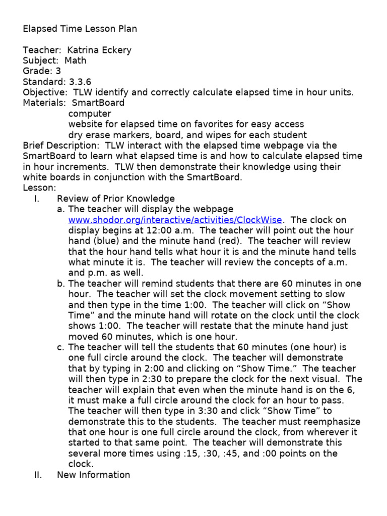 Elapsed Time Lesson | PDF | Teachers | Clock