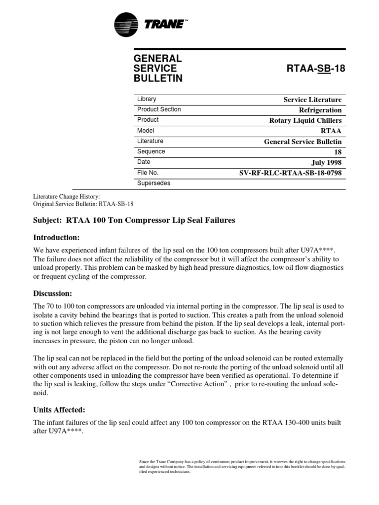 RTAA 100 Ton Compressor Lip Seal Fix | PDF | Gas Compressor | Valve