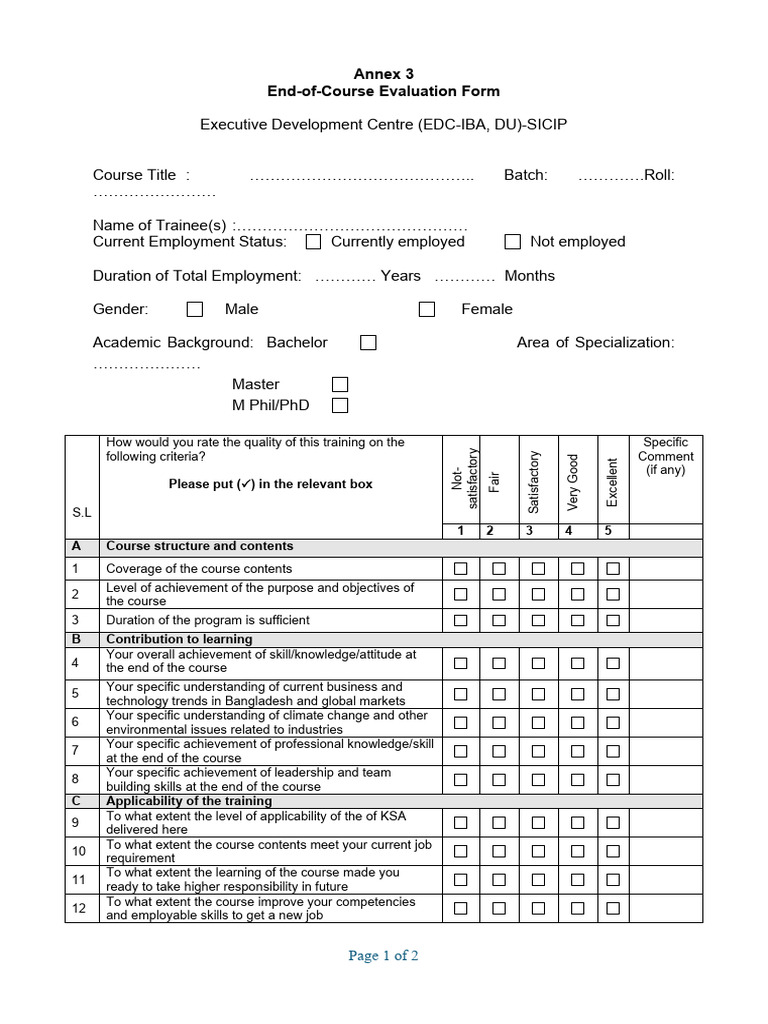 End of Course Evaluation Form | PDF | Learning | Cognition