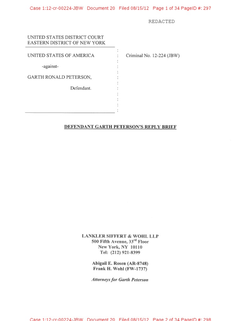 Garth Peterson Reply Sentencing Memo | PDF | Finance & Money Management | Law