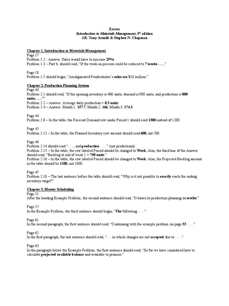 Errata Sheet for 5th Edition Intro to Materials Management | Inventory ...