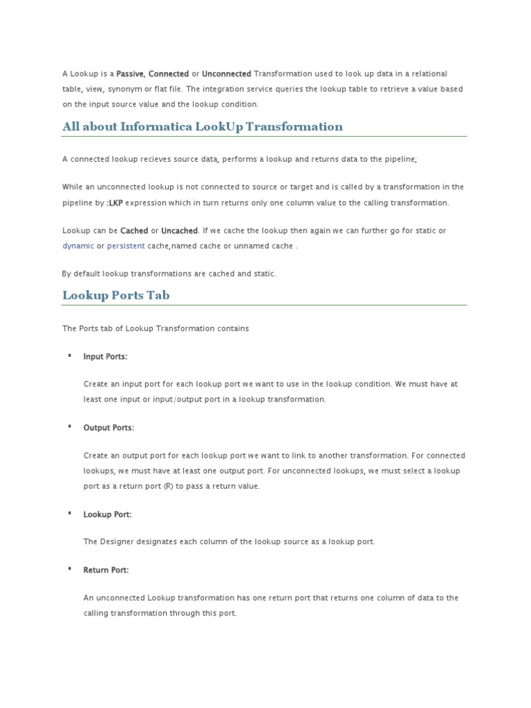 All About Informatica Lookup Transformation: Dynamic Persistent | PDF | Relational Database | Sql