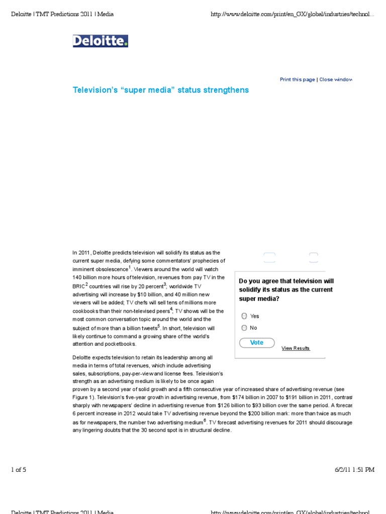 Deloitte - TMT Predictions 2011 - Media | PDF | Television | Mass Media