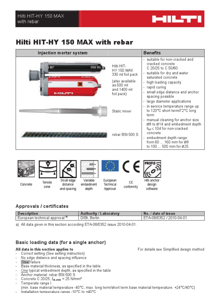 Hilti Hit Hy 150 Max Con Barra Corrugada | PDF | Concrete | Materials ...