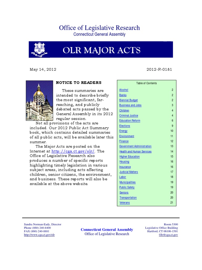 Olr Major Acts: Office of Legislative Research | PDF | Driving Under ...