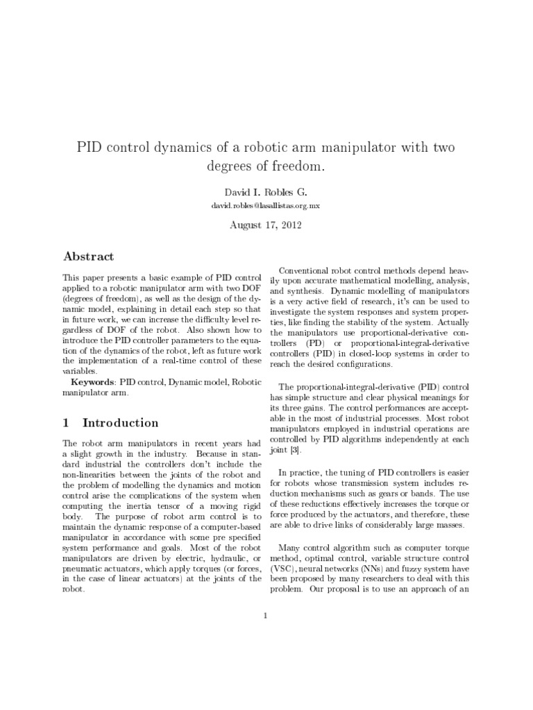 PID Control Dynamics of A Robotic Arm Manipulator With Two Degrees of ...