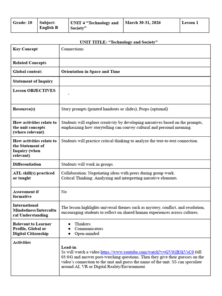 Lesson Plan 1 2026.Docx | PDF | Critical Thinking | Narrative