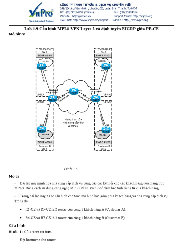 Lab 1.9 Cấu hình MPLS VPN Layer 2 và định tuyến EIGRP giữa PE-CE | PDF