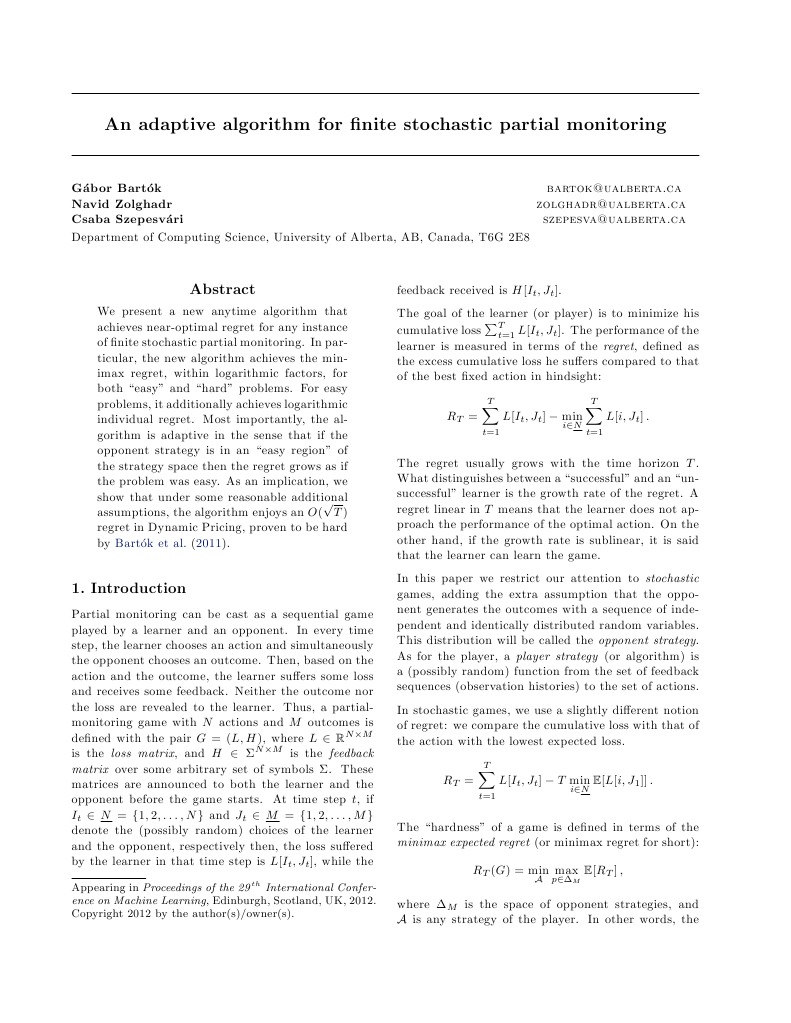 An Adaptive Algorithm For Fi Nite Stochastic Partial Monitoring ...