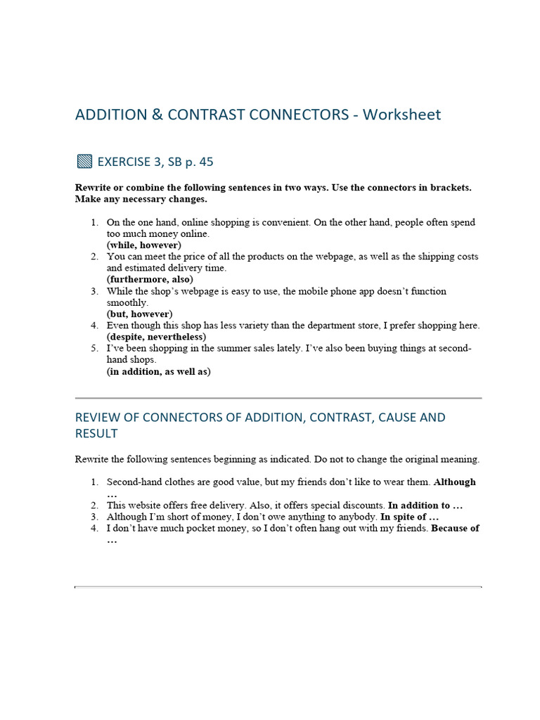 Addition and Contrast Connectors – Worksheet | PDF | Online Shopping ...