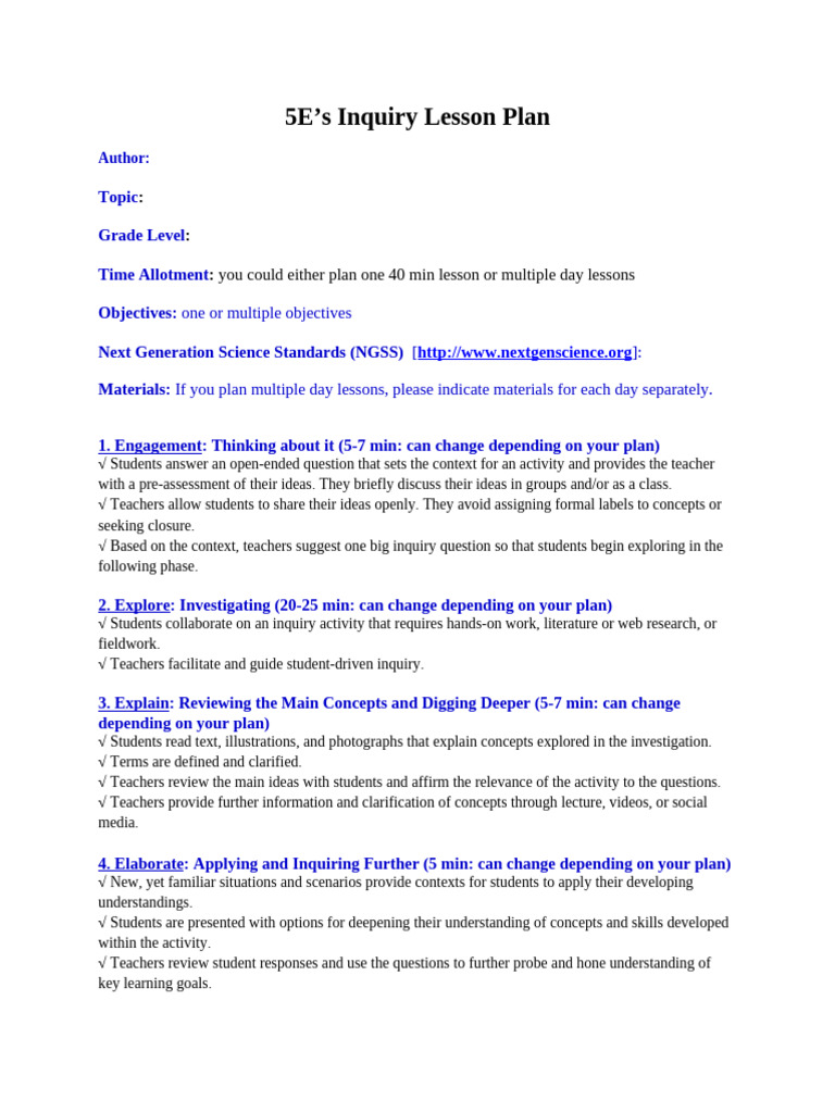 5E_LESSON_PLAN-FRAMEWORK | PDF | Inquiry | Lesson Plan