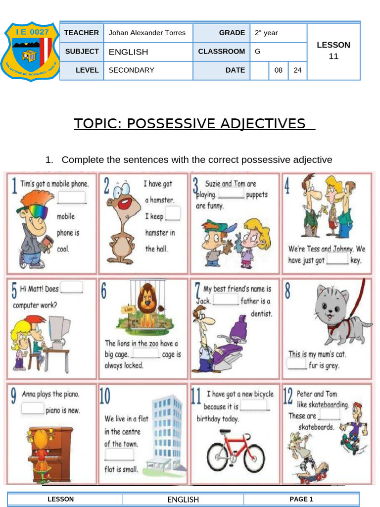 Possessive Adjectives Worksheet 2do Secundaria | PDF