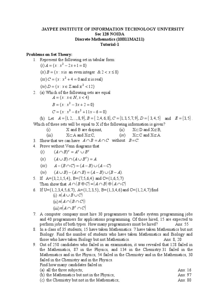 Tutorial 1 Jiit Discrete Maths | PDF | Teaching Mathematics | Physics