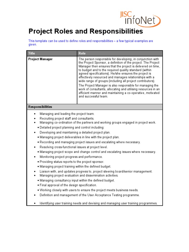 Roles and Responsibilities Template | PDF | Project Manager | Documentation