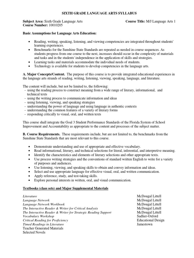 Sixth Grade Language Arts Syllabus | PDF | Reading (Process) | Reading ...