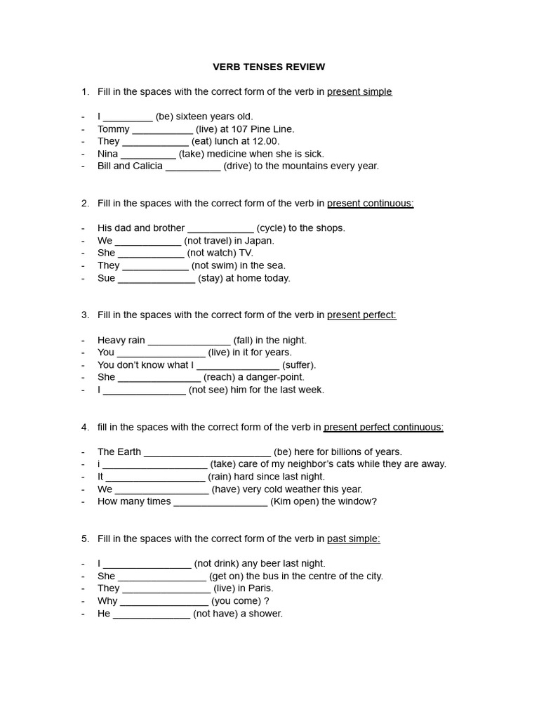 Verb Tenses Review Worksheet | PDF | Verb | Syntax