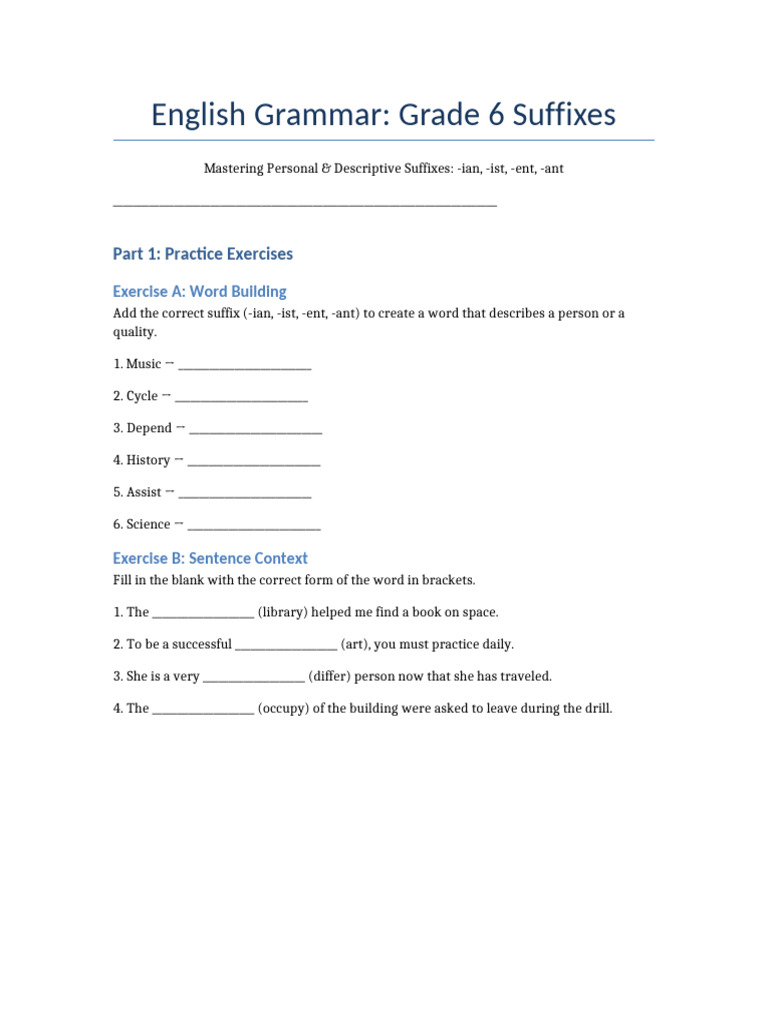 Grade 6 Suffix Worksheet With Explanations | PDF | Word | Syntax