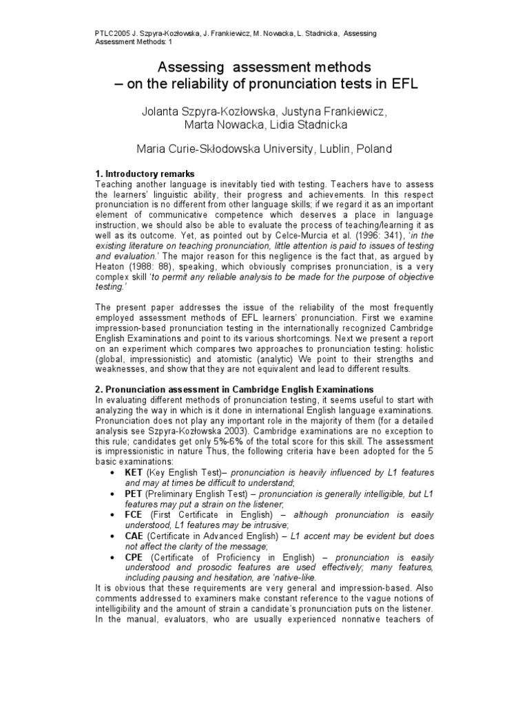 Assessment Methods in Pronunciation | PDF | Educational Assessment ...