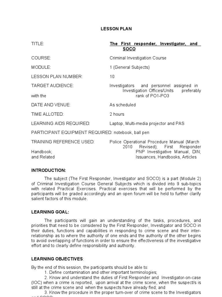 Lesson Plan The First Responder | PDF | Crime Scene | Victimology