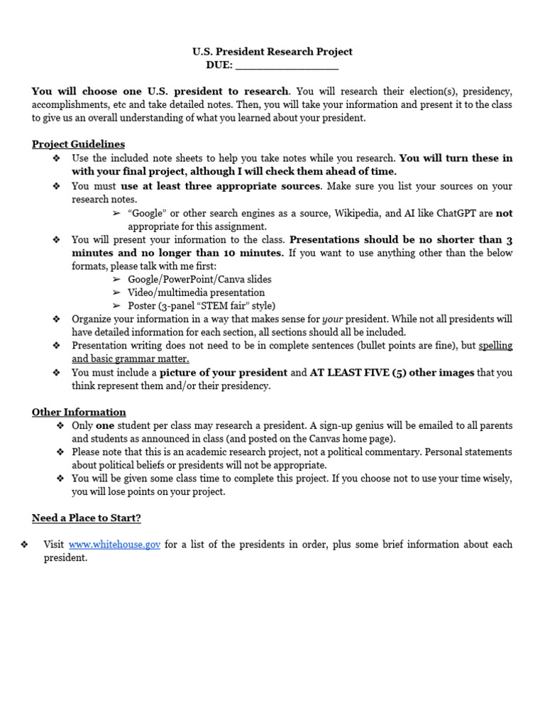 Presidents Research Project Info and Rubric | PDF | Human Communication ...